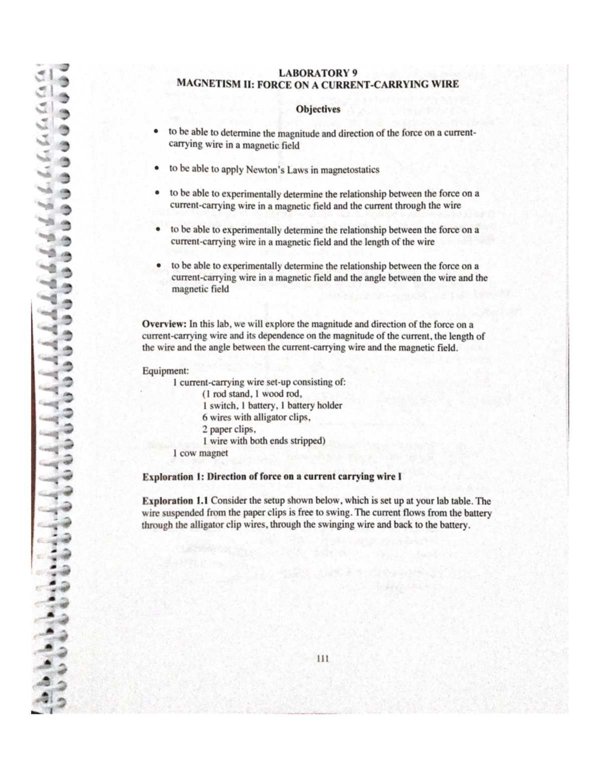 Lab 9 - magnetism ii- force on a current carrying wire - PHYS 2401 ...
