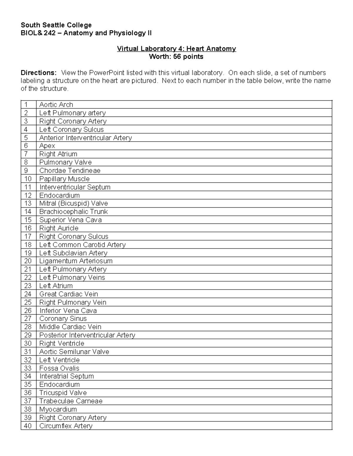 Virtual Laboratory 4Heart Anatomy 56 - South Seattle College BIOL& 242 ...