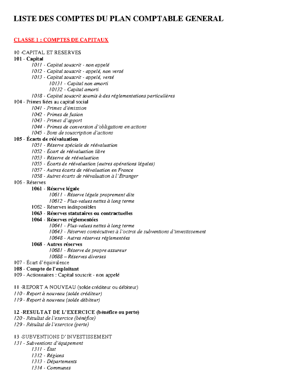Liste des comptes du PCG - LISTE DES COMPTES DU PLAN COMPTABLE GENERAL ...