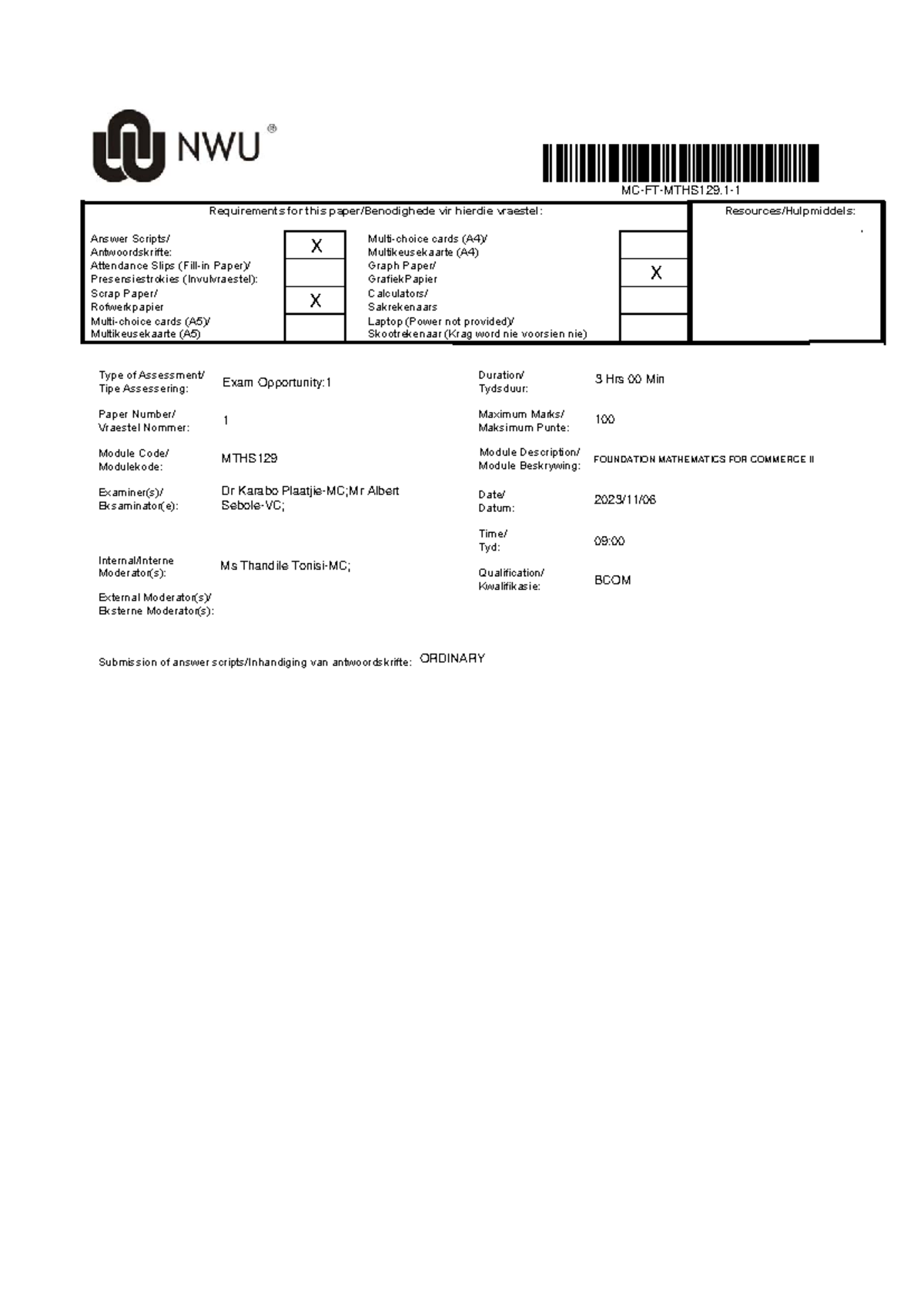 MTHS129 mc Paper 1Dec2023 - Type of Assessment/Tipe Assessering ...