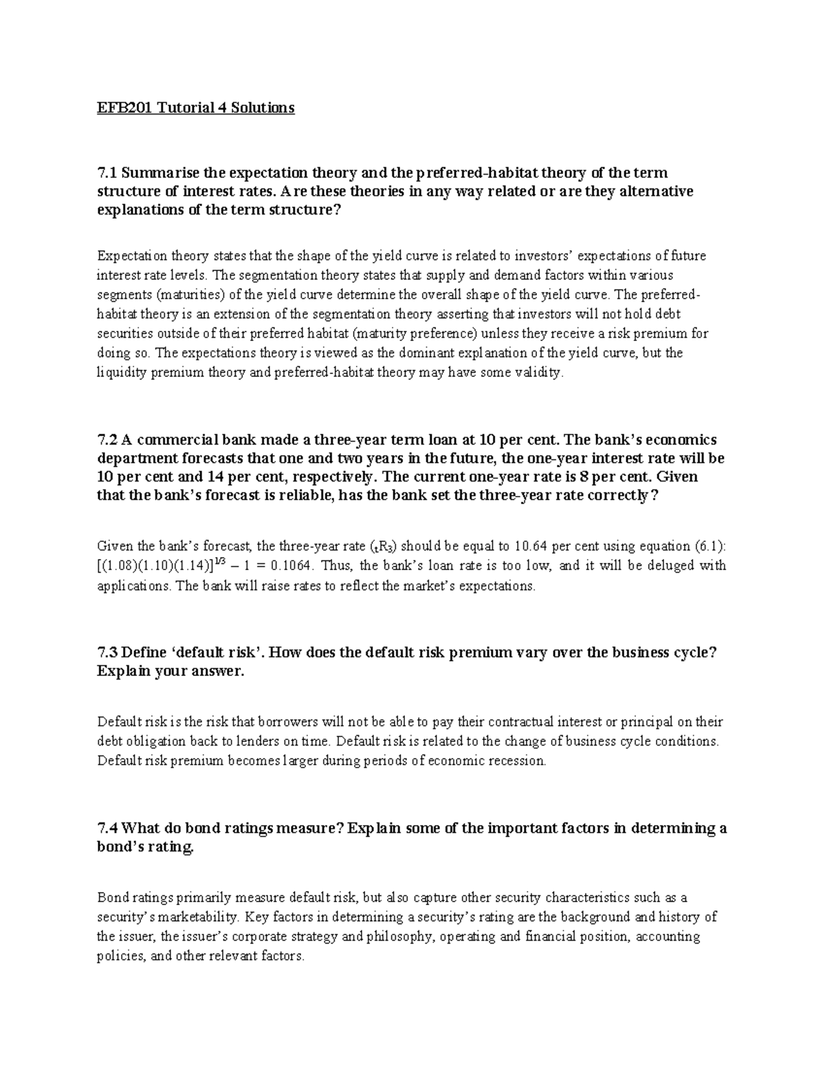 Efb201tut4sol-1 - TUT - EFB201 Tutorial 4 Solutions 7 Summarise the ...