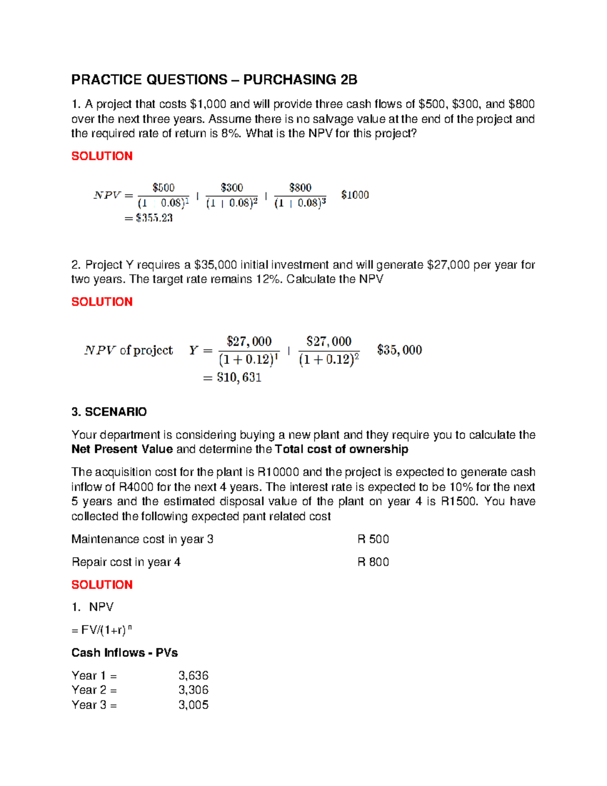 Practice Questions - Tco and NPV calculations - PRACTICE QUESTIONS ...