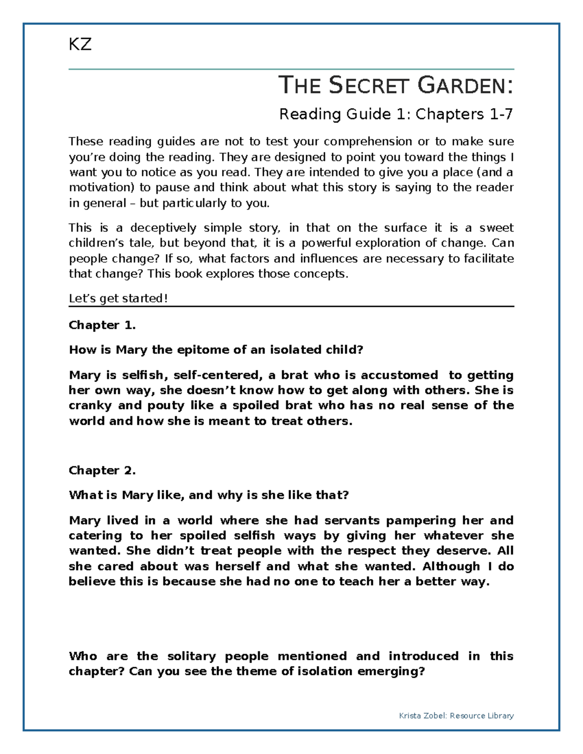 The Secret Garden Reading Guide 1 - THE SECRET GARDEN: Reading Guide 1 ...