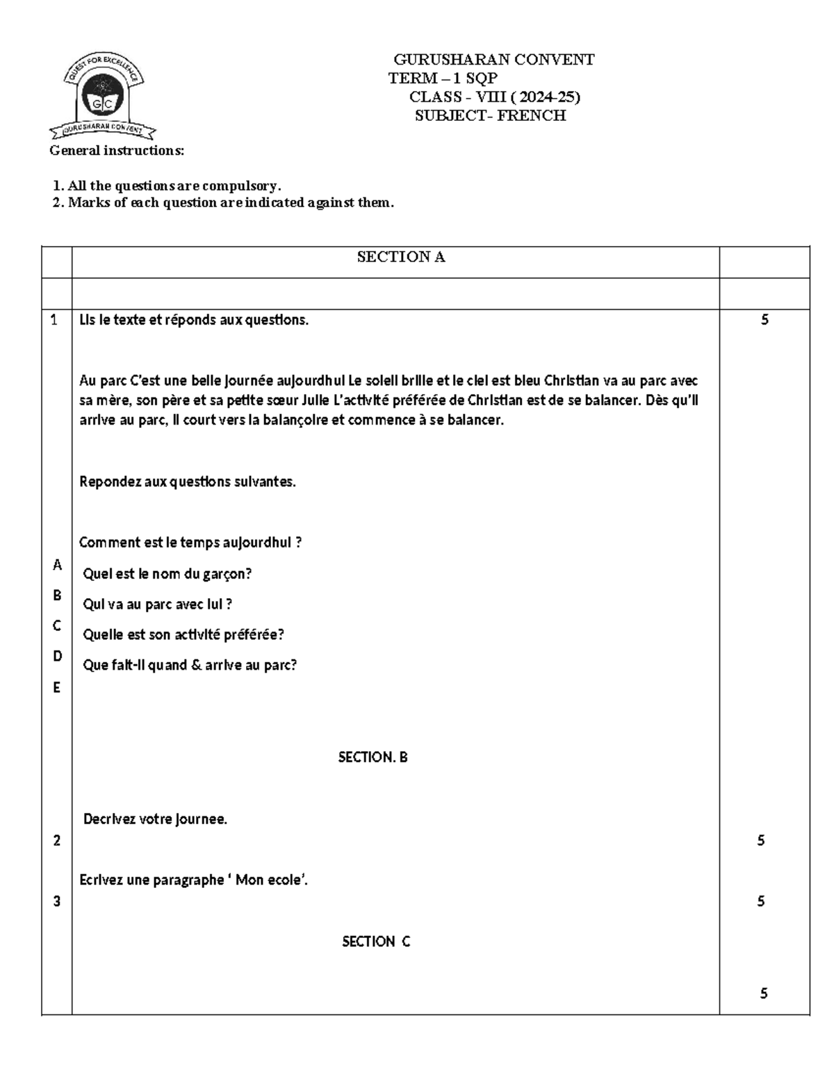 VIII French SQP - Nlckgzogxhhlcco - GURUSHARAN CONVENT TERM – 1 SQP CLASS - VIII ( 2024-25 ...