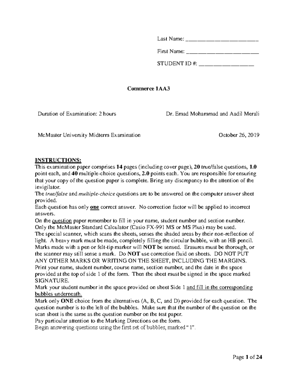 2019 Fall Midterm Detailed Solutions - Last Name: _________________________ First Name: - Studocu