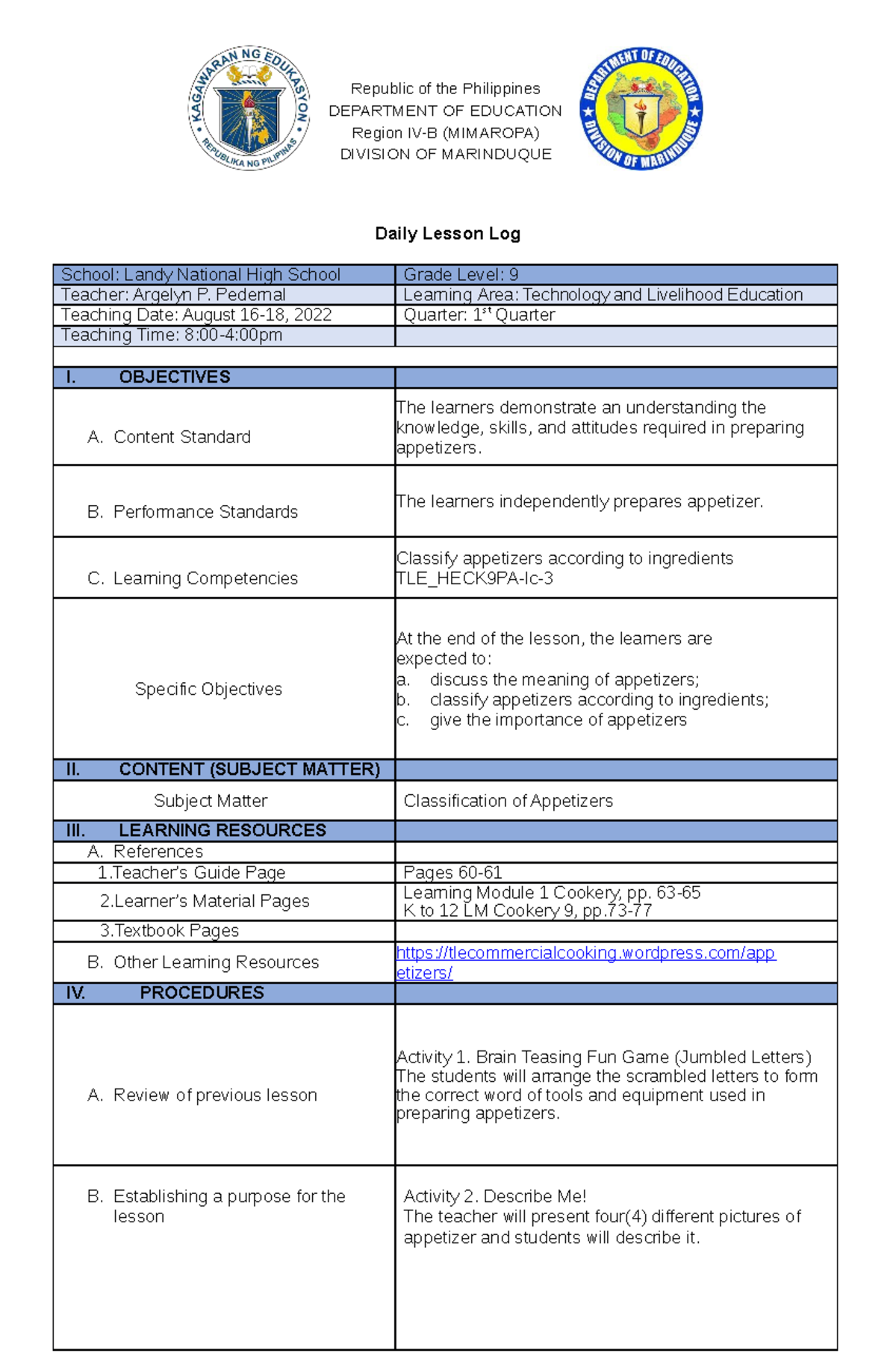 Daily Lesson Log Jhvjvk Republic Of The Philippines Department Of Education Region Iv B