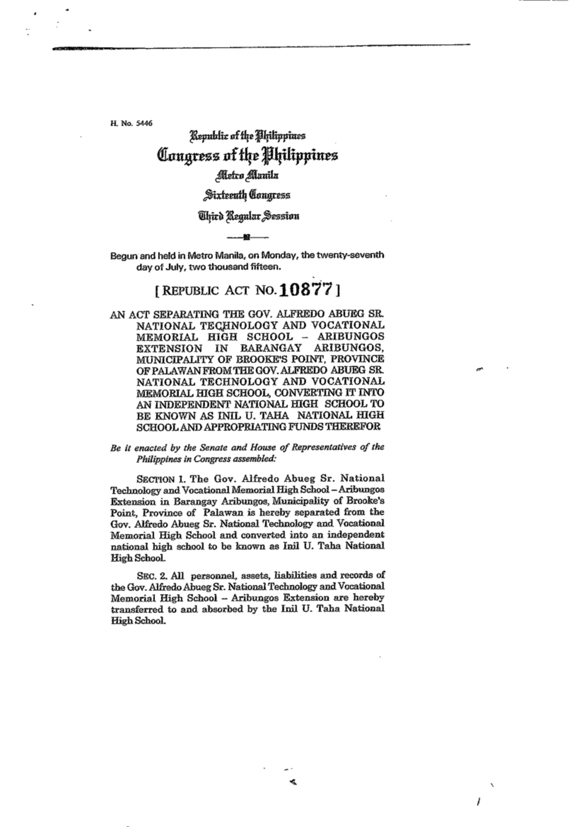 2016 0717 RA 10877 BSA - Laws regard the wellfare of the people - R No ...