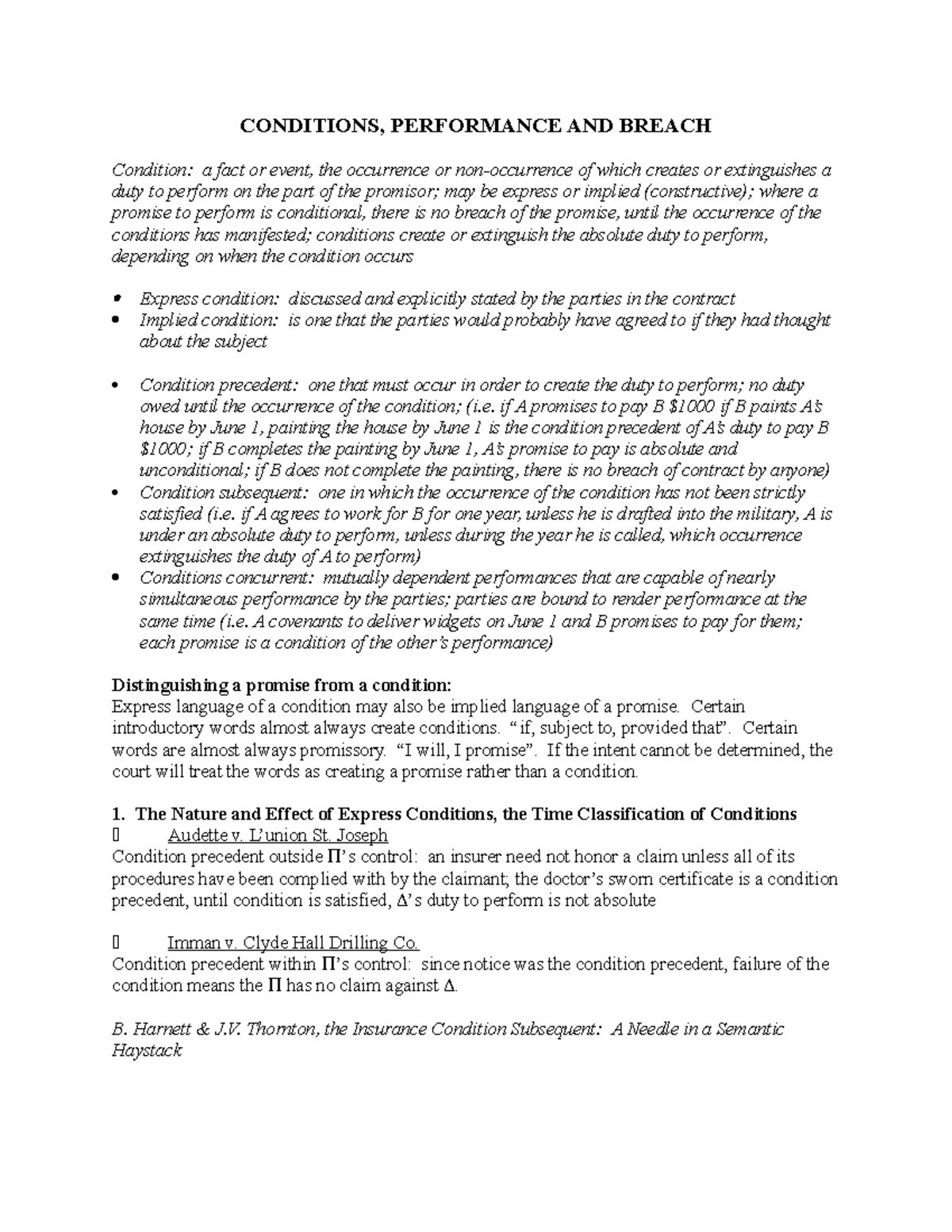 Contracts Law Outline - 2 - CONDITIONS, PERFORMANCE AND BREACH ...