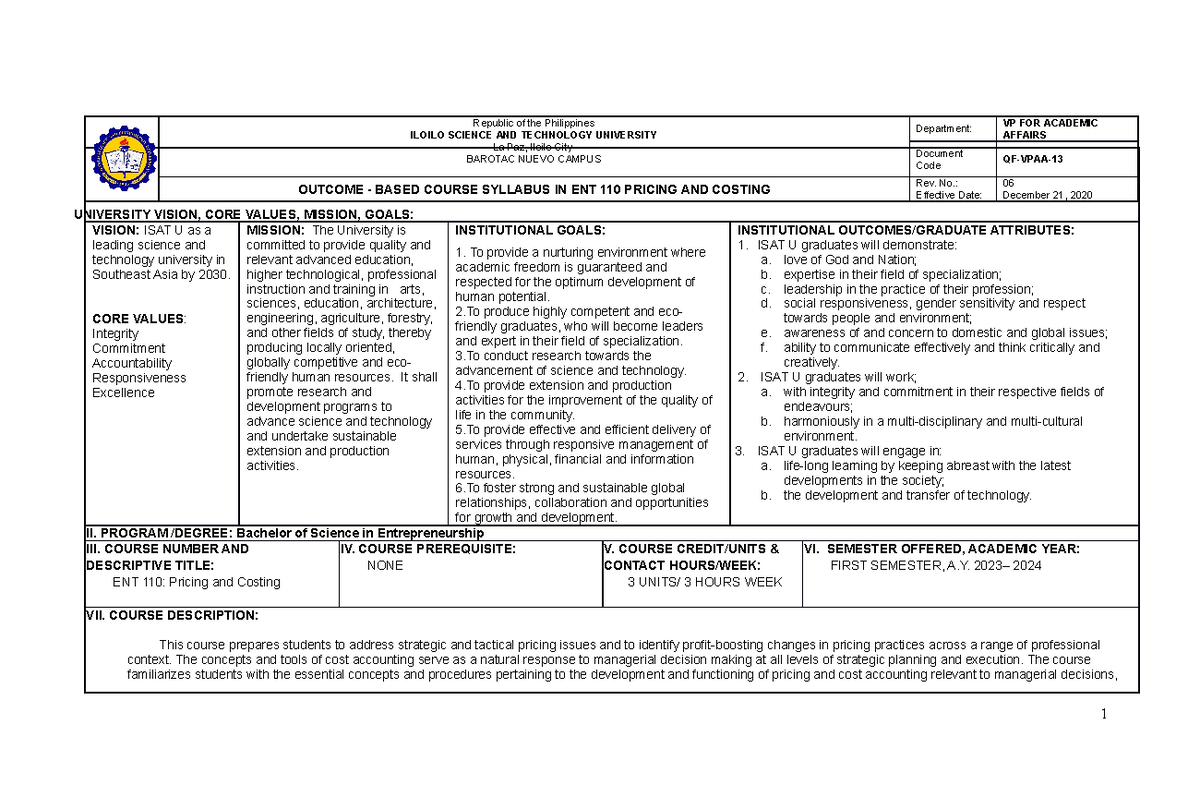 Pricing-AND- Costing - UNIVERSITY VISION, CORE VALUES, MISSION, GOALS ...