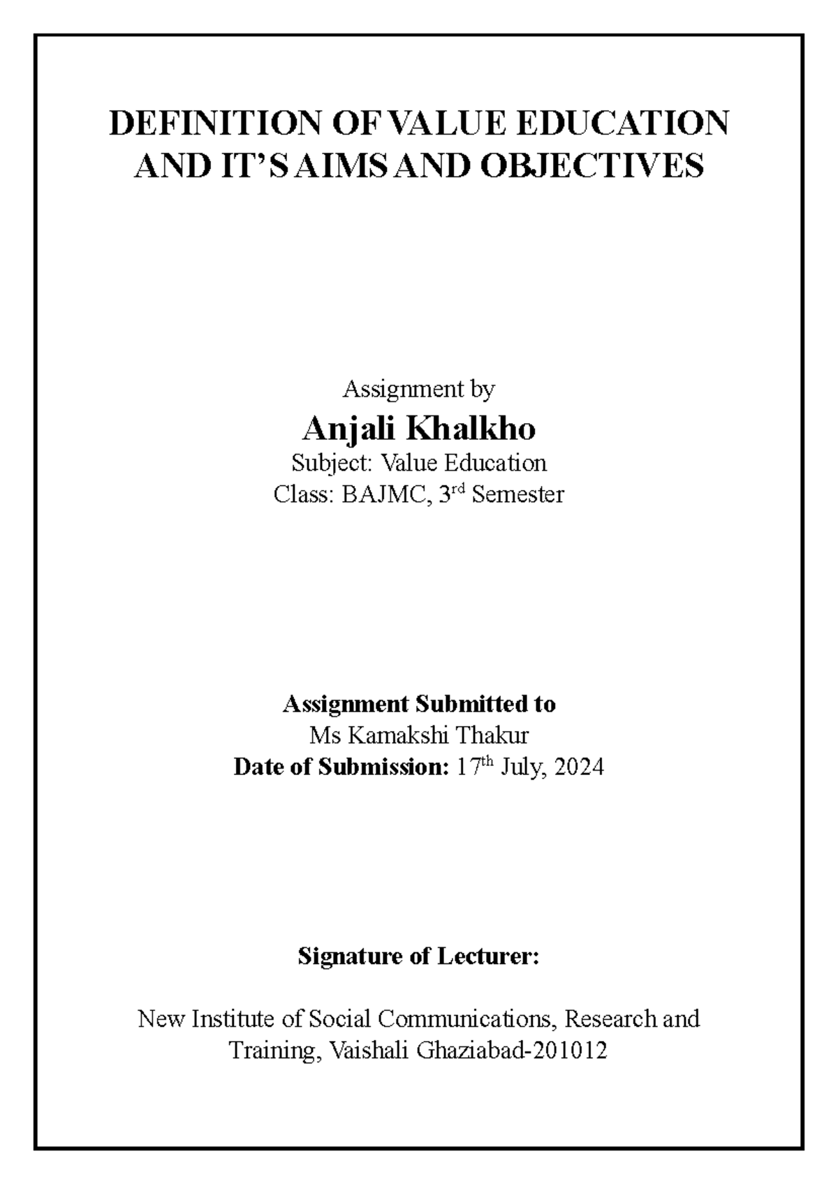 01 - Definition of Value Education and it's aims and objectives ...