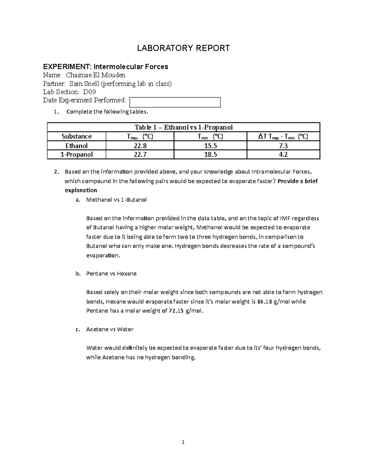 Lab report #1- Chem - LABORATORY REPORT EXPERIMENT: Intermolecular ...