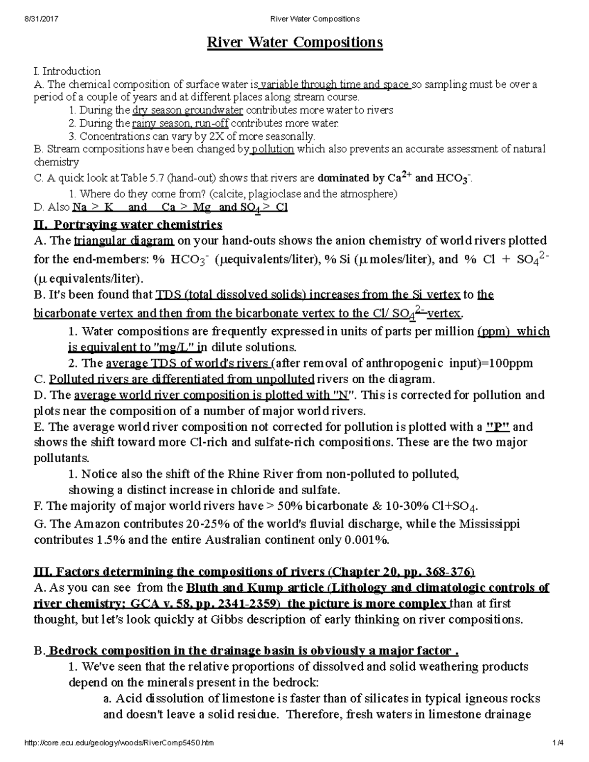 River Water Compositions - Introduction A. The chemical composition of ...