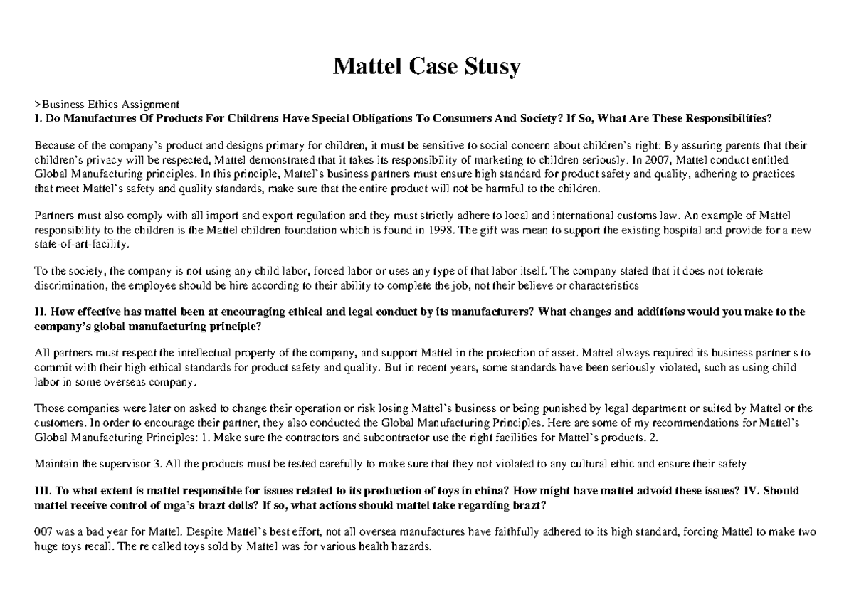 Mattel Case Stusy - Document - Mattel Case Stusy Business Ethics ...