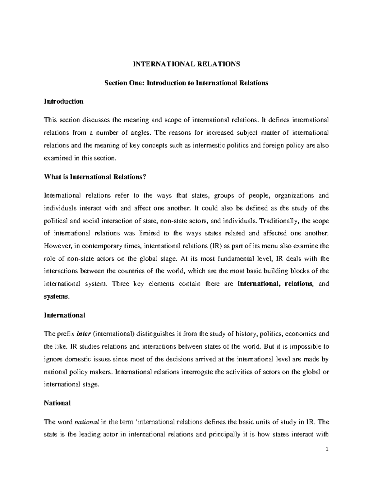 Summary of course material International Relations Notes ...