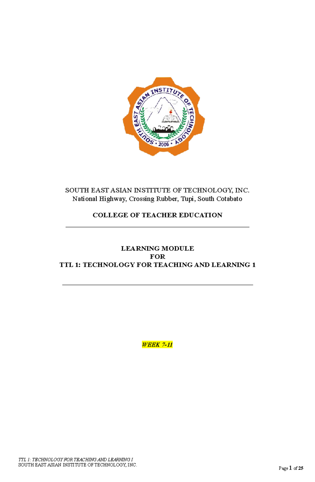 TTL-1- Midterm- Module 050753 - SOUTH EAST ASIAN INSTITUTE OF ...