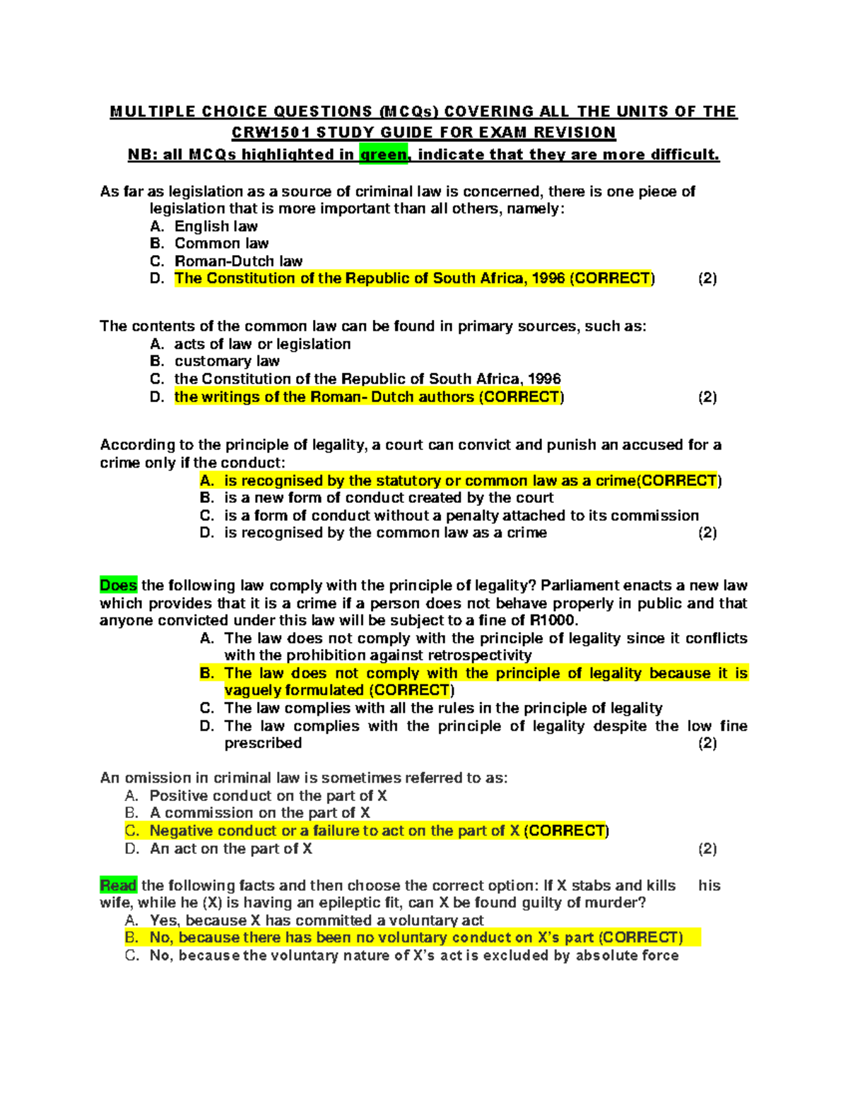MCQS FOR EXAM Revision (FROM CRW1501 Moodle Forums) - MULTIPLE CHOICE ...