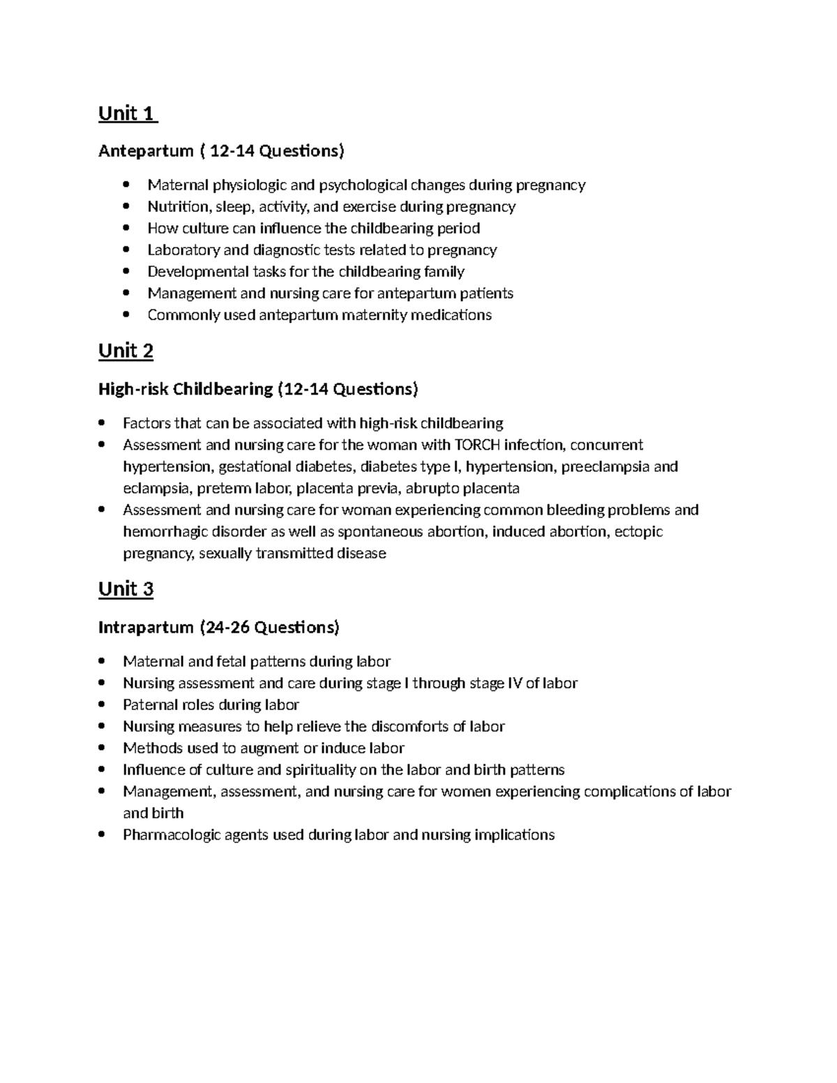NUR 254 Exam 1 Review Content - Unit 1 Antepartum ( 12-14 Questions ...