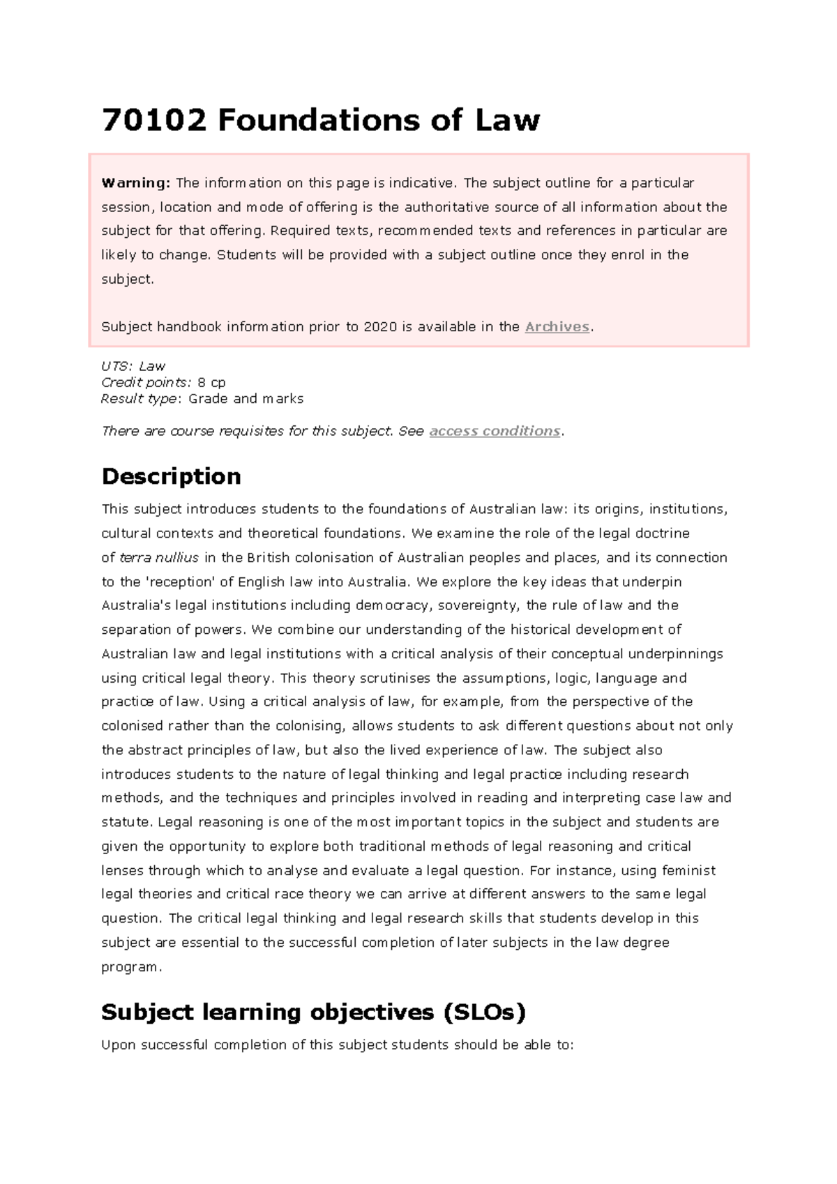 Unit Outline 2020 70102 Foundations of Law - 70102 Foundations of Law ...
