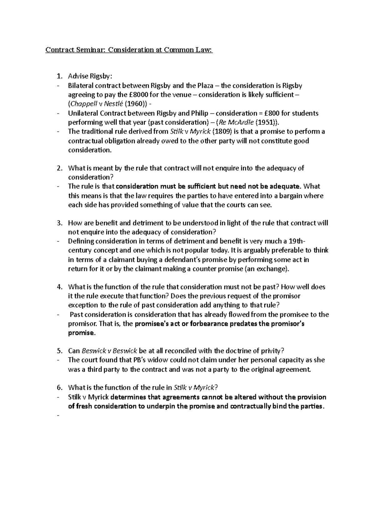 Consideration - notes - Contract Seminar: Consideration at Common Law ...