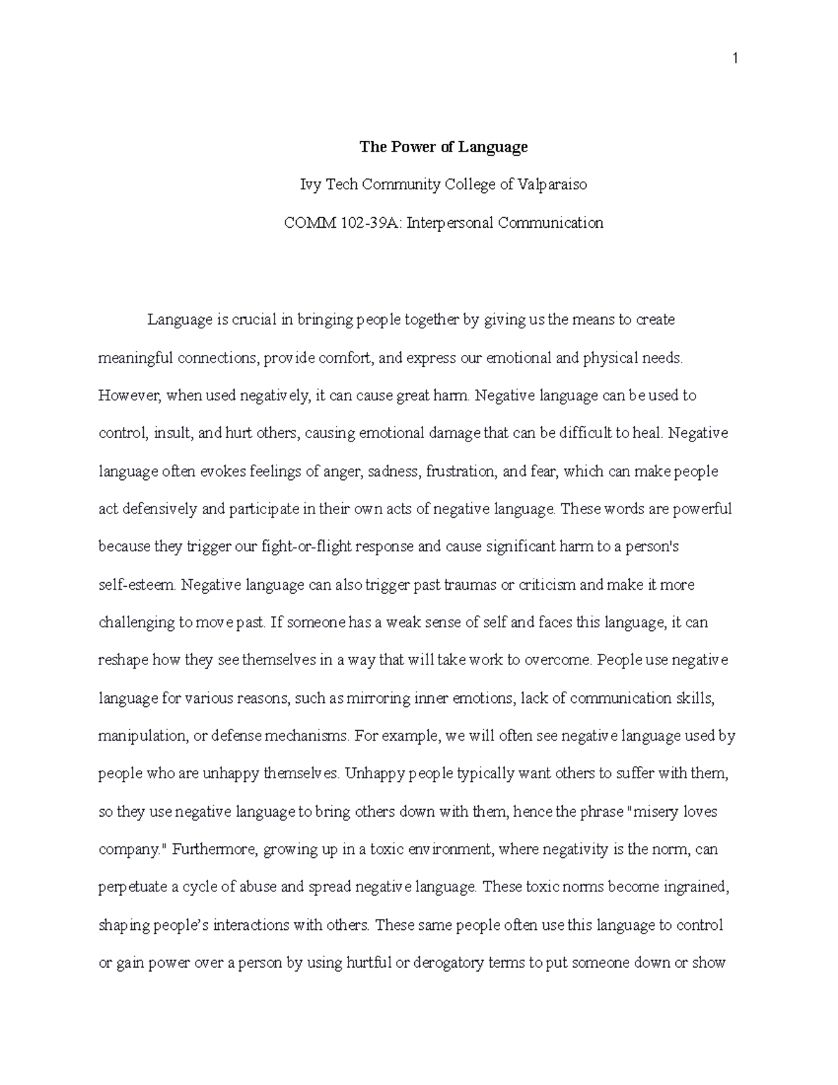Reflection Paper #2 - 1 The Power of Language Ivy Tech Community College of Valparaiso COMM 102 ...