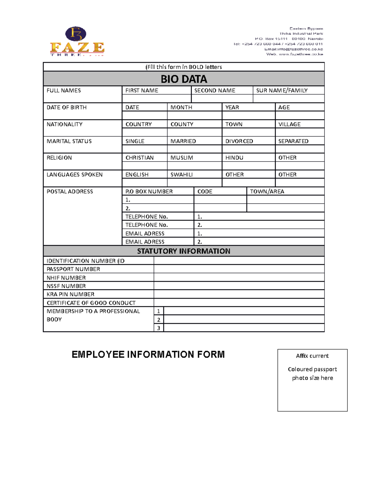 Employee information form (1) - (Fill this form in BOLD letters BIO ...