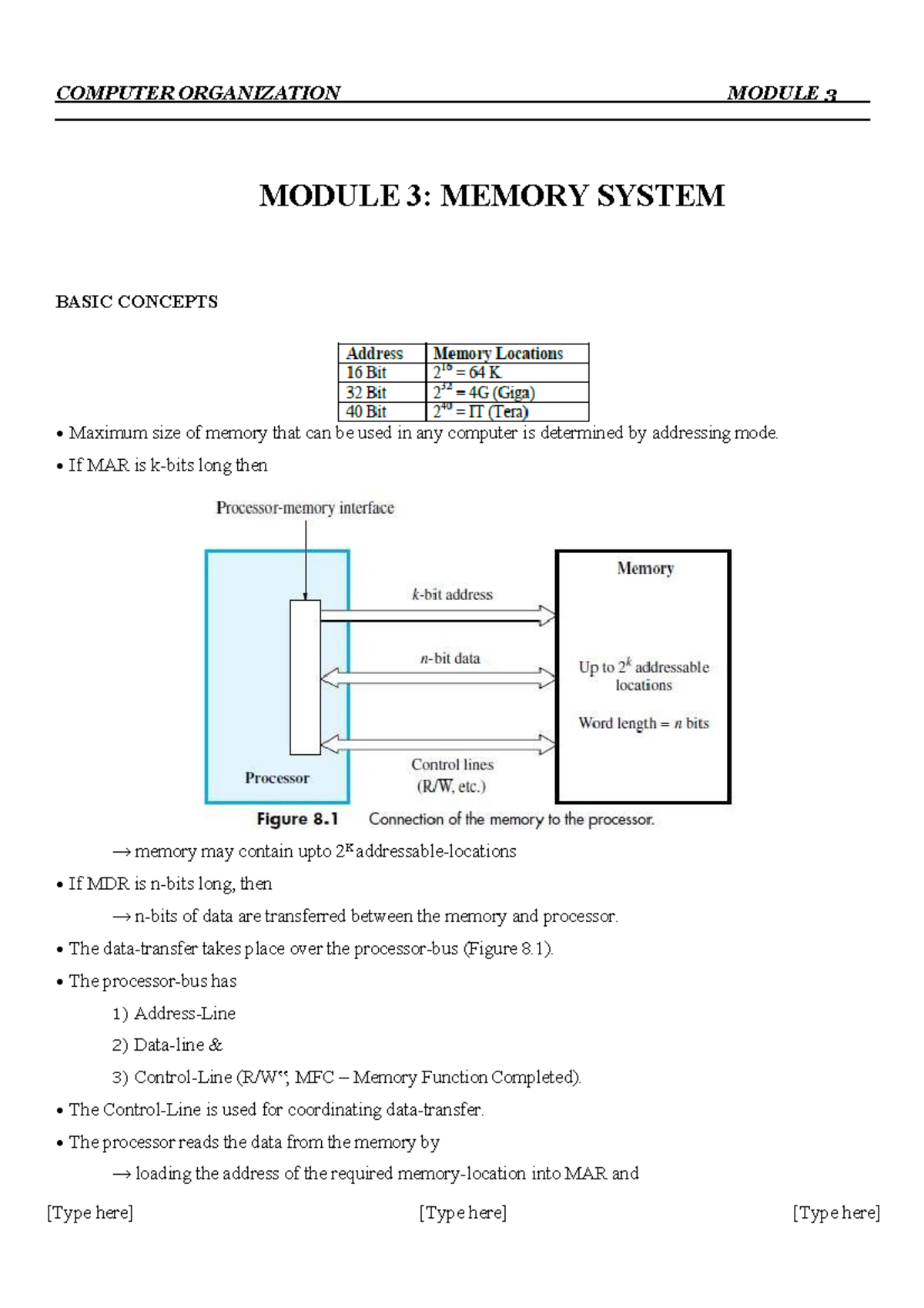 Module 3 - [Type here] [Type here] [Type here] MODULE 3: MEMORY SYSTEM BASIC CONCEPTS • Maximum ...