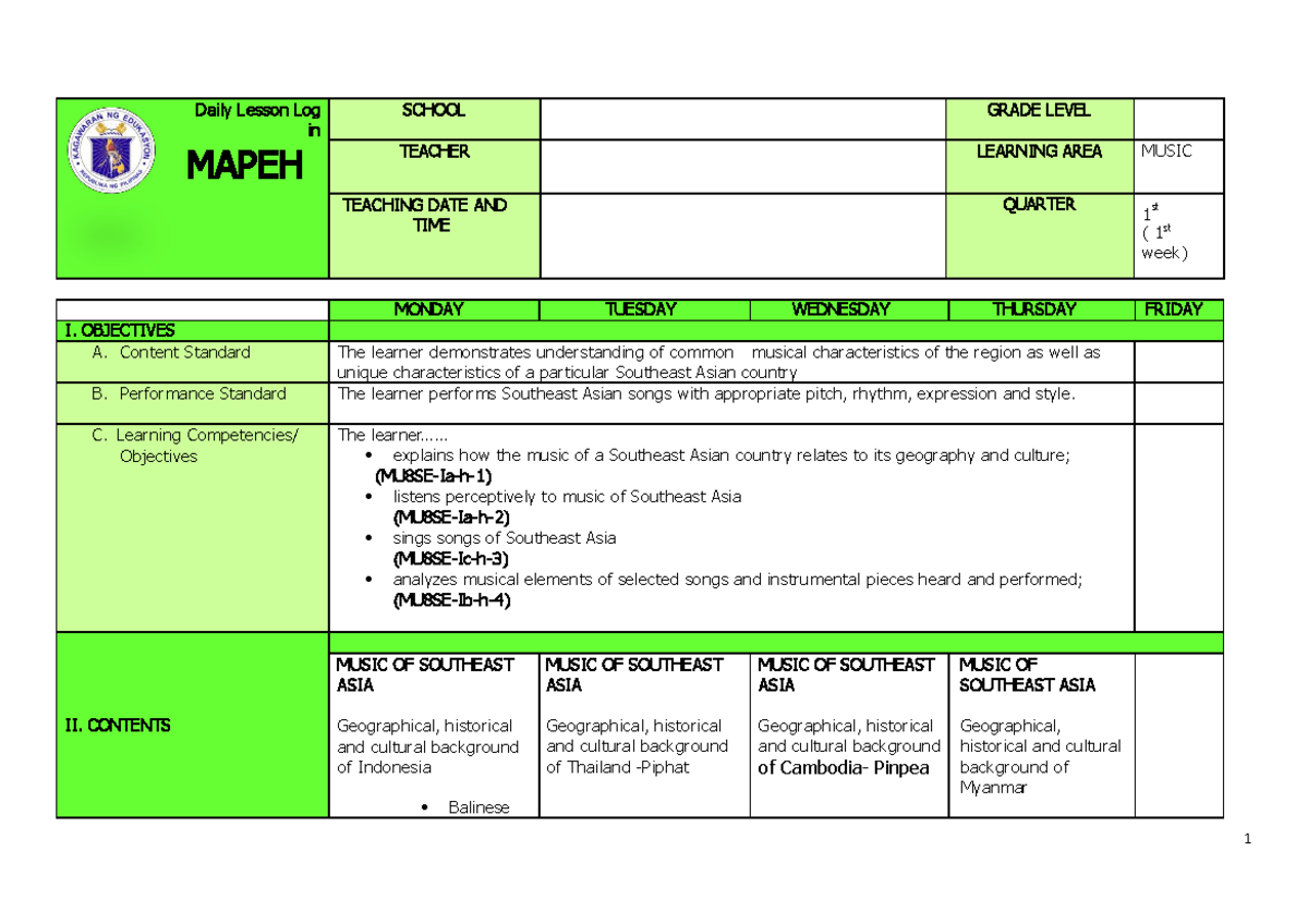 Q1-grade-8-music-dll-week-1docx BI - Daily Lesson Log in MAPEH SCHOOL GRADE LEVEL TEACHER ...
