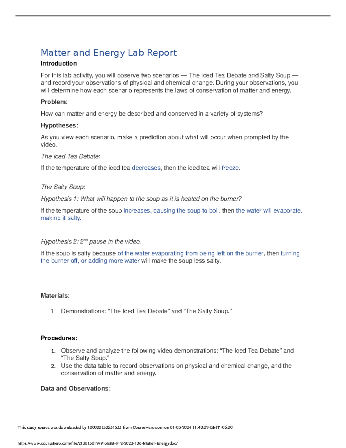 Violet B 912 2023 106 Matter Energy - Matter and Energy Lab Report ...