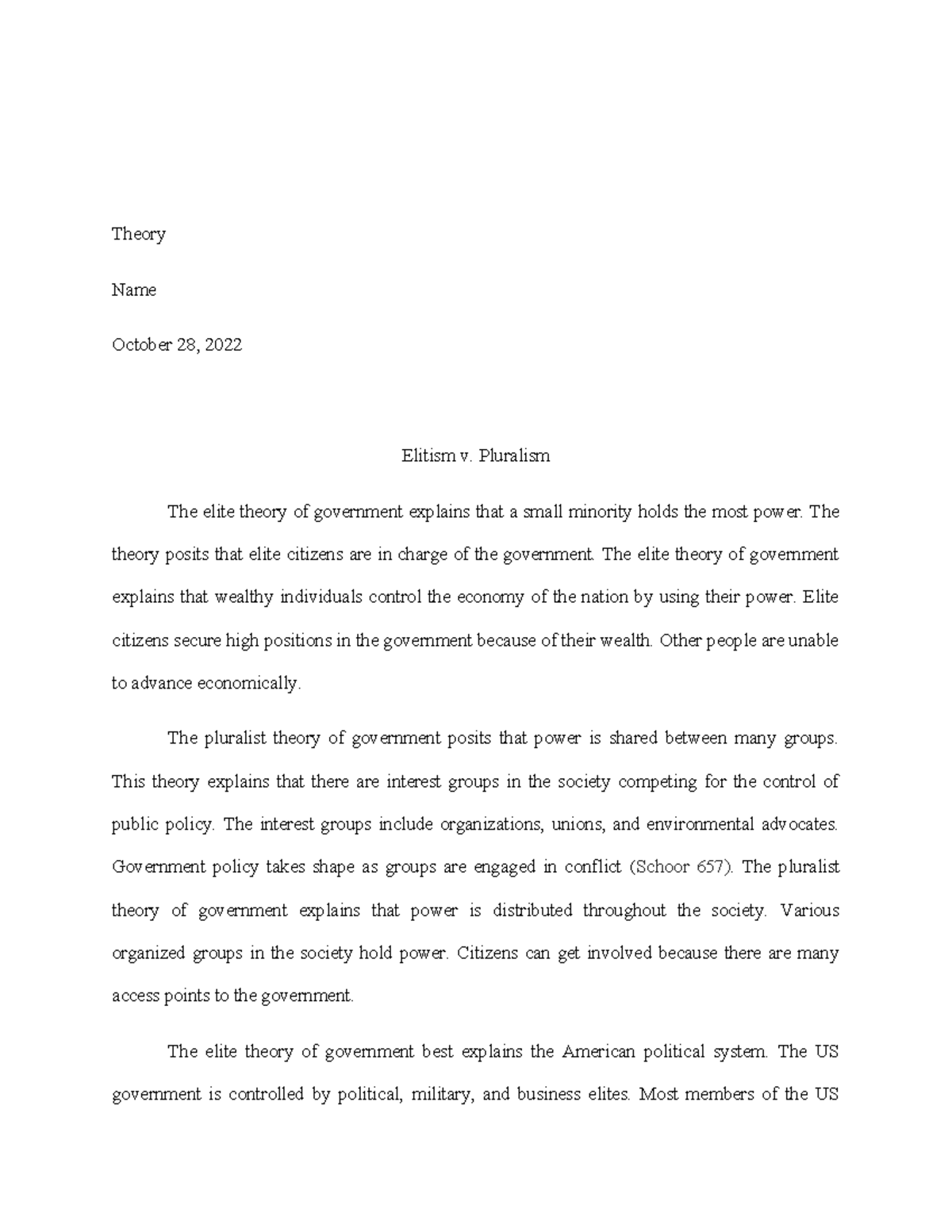 Theory 1 - assignment - Theory Name October 28, 2022 Elitism v ...