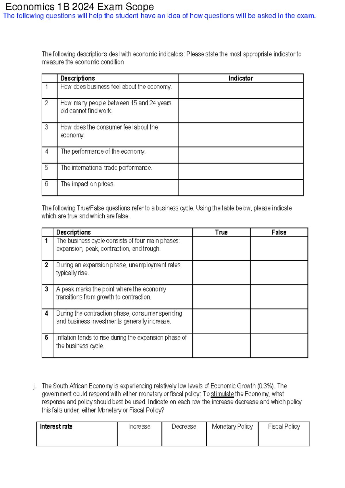 Economics 1B 2024 Exam Scope - The following descriptions deal with ...