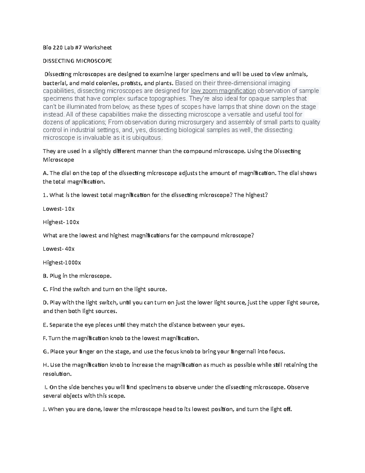 Lab 7 Worksheet - Clinical microbiology lab handout for cells. - Bio ...