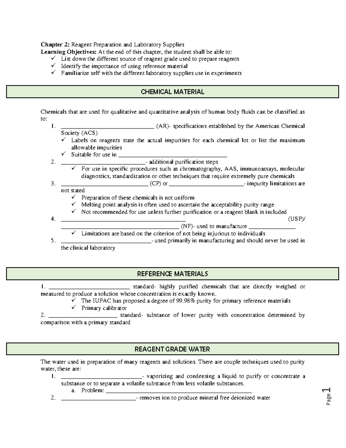 Cc1-Chapter 2 - MEDTECH - 1 Chapter 2: Reagent Preparation and Laboratory Supplies Learning ...