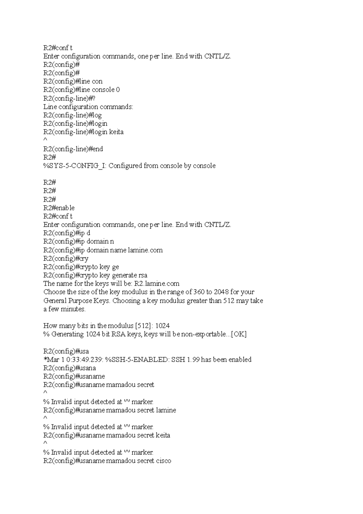 SSH - je suis en preparation pour l'examen du CCNA1, je recherche des manuels - R2#conf t Enter ...