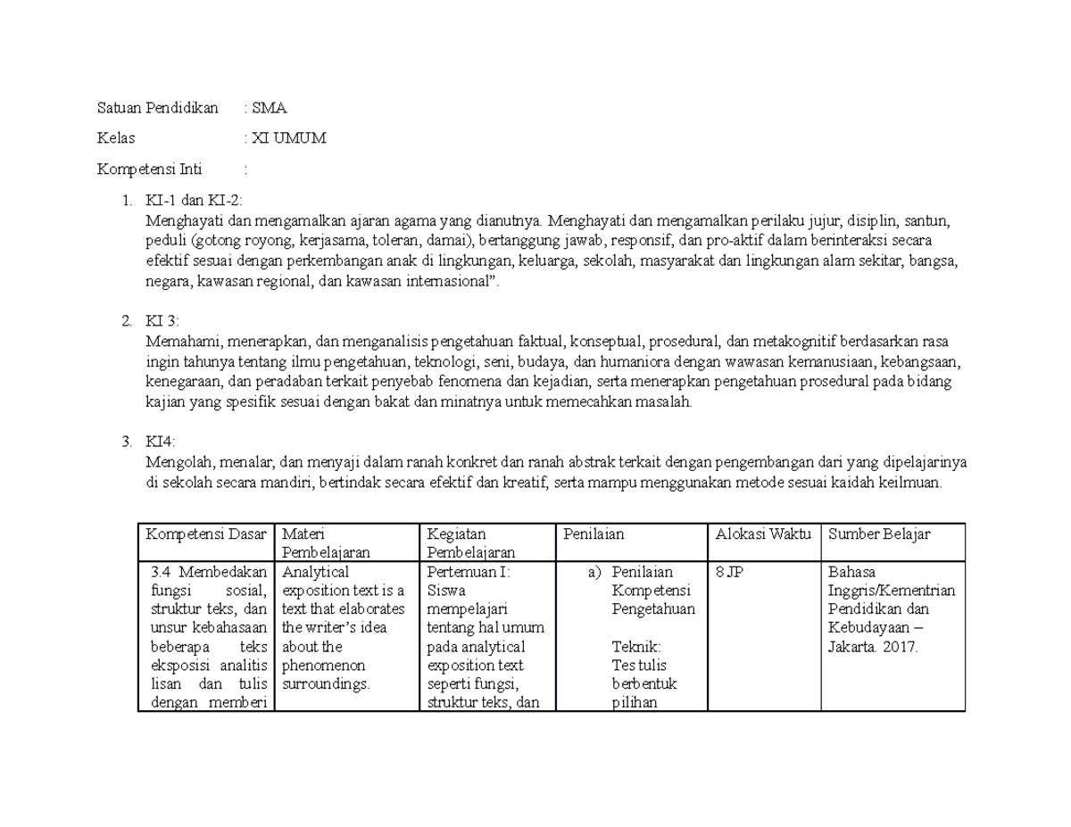 ELP 2 - Writing a simple lesson plan - Satuan Pendidikan : SMA Kelas : XI UMUM Kompetensi Inti ...