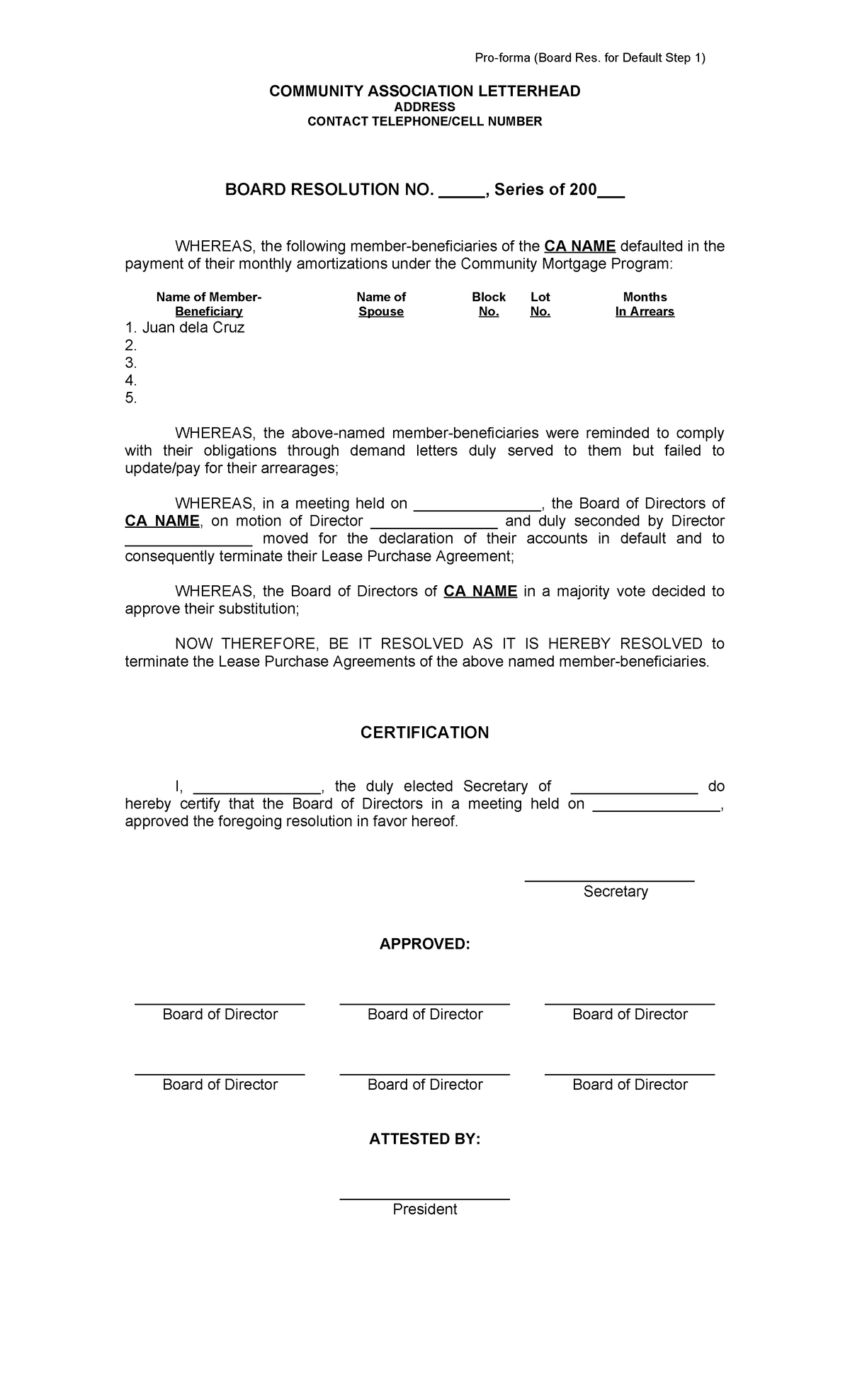 Sample format for ca board resolution of defaulting members step 1 ...