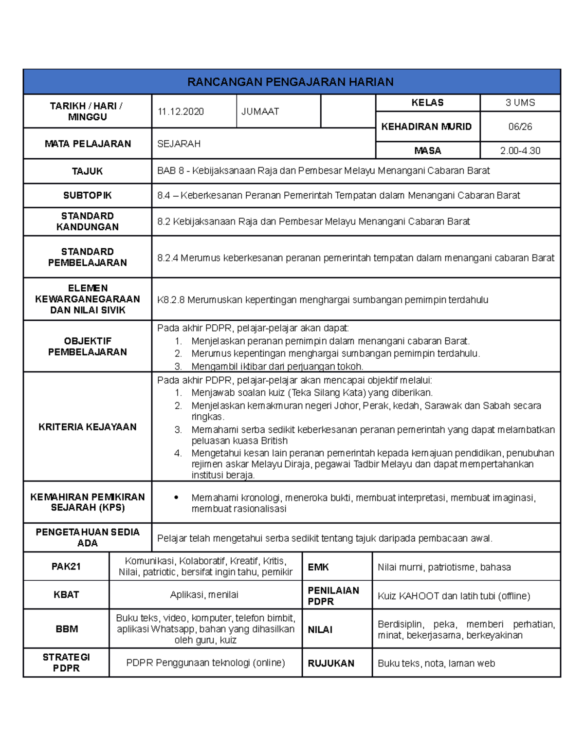 Rph - rph pkp - RANCANGAN PENGAJARAN HARIAN TARIKH / HARI / MINGGU 11.12 JUMAAT KELAS 3 UMS ...