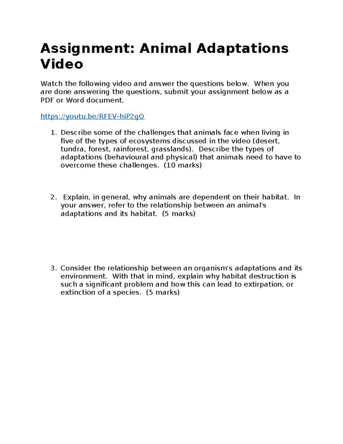 Assignment- Animal Adaptations Video - Assignment: Animal Adaptations ...