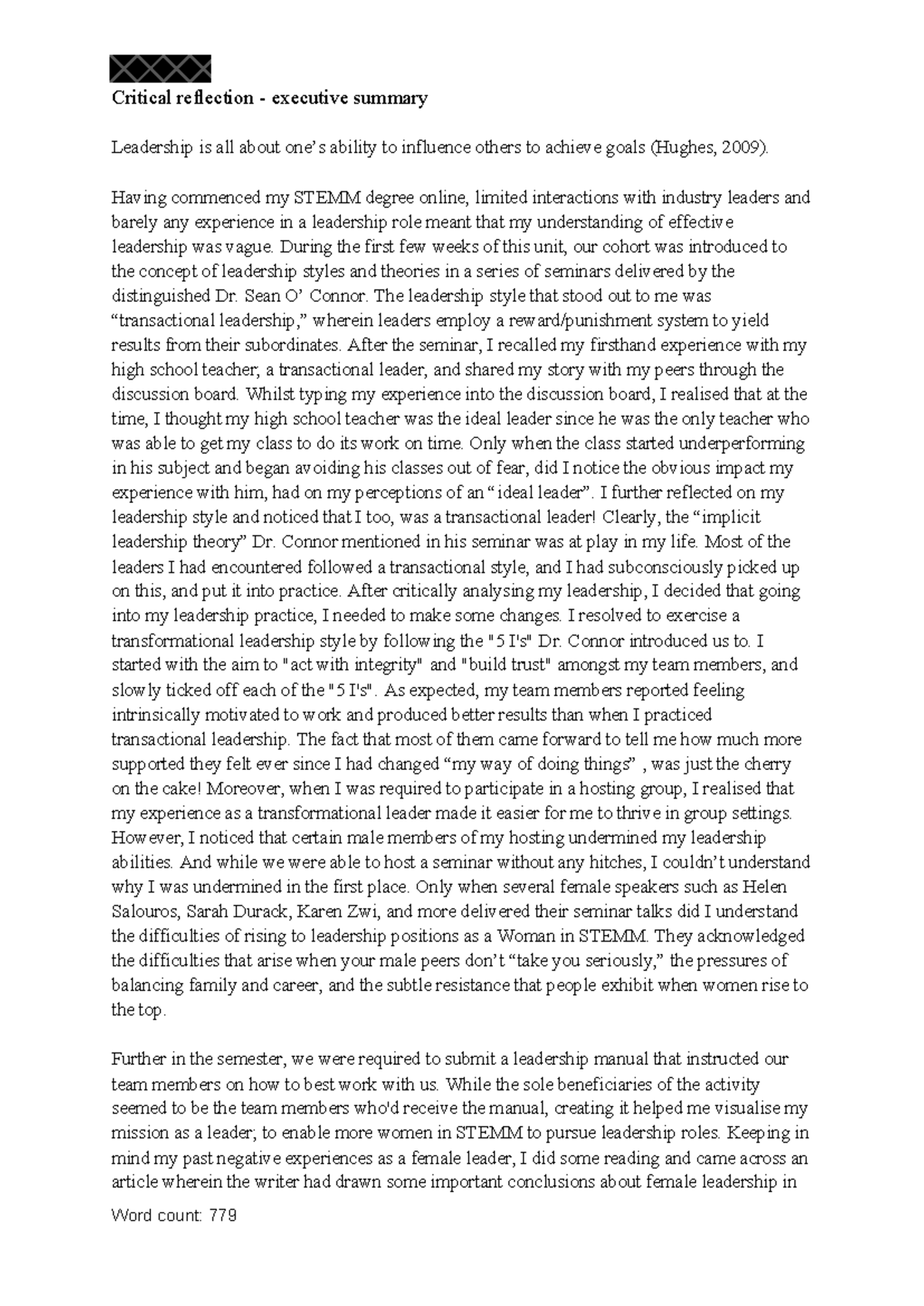 Critical Reflection: Executive summary (18/20)- CONTAINS PROFESSOR ...