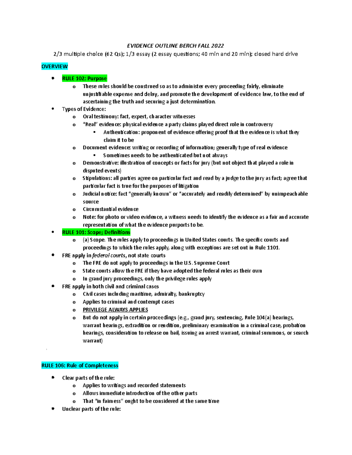 Evidence Outline - EVIDENCE OUTLINE BERCH FALL 2022 2/3 multiple choice ...