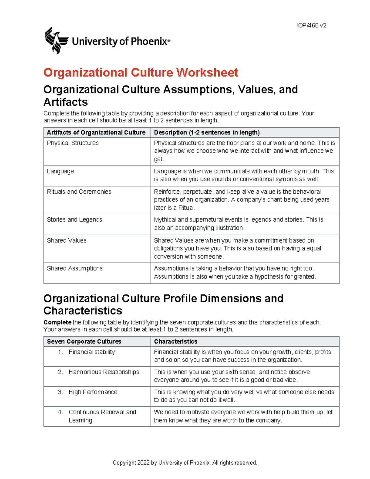 Week 1 worksheet - n/a - IOP/460 v Organizational Culture Worksheet ...