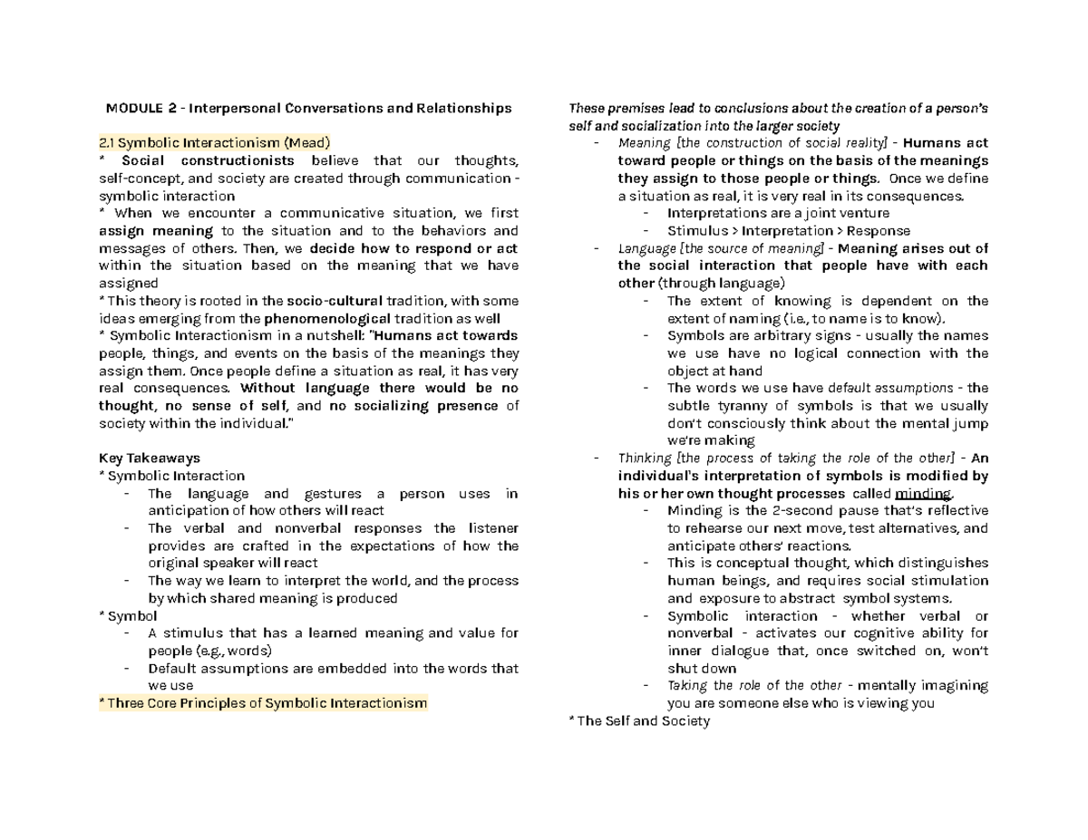 COMM20.03 Notes Module 2 - MODULE 2 - Interpersonal Conversations and ...