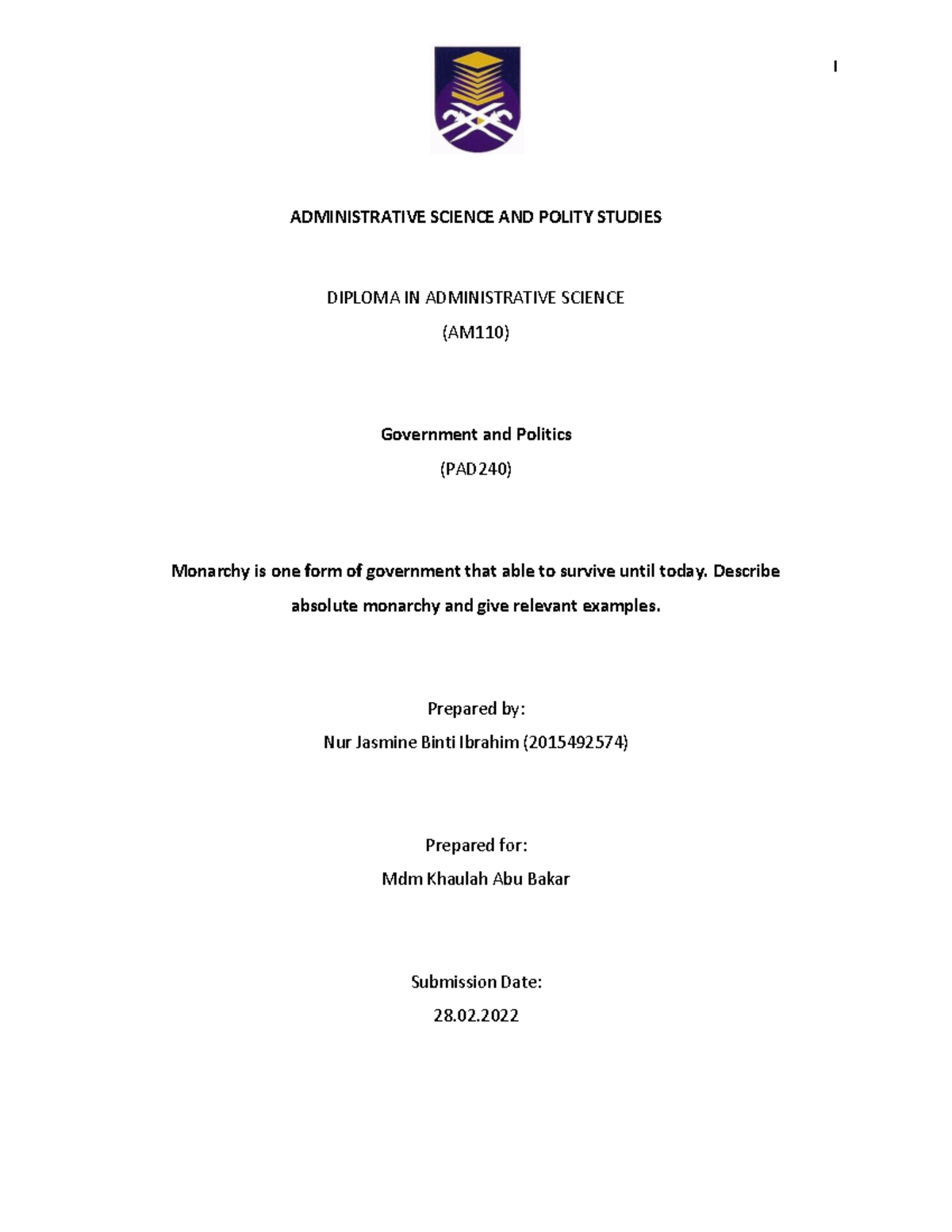 Written Assignment - A references - ADMINISTRATIVE SCIENCE AND POLITY ...