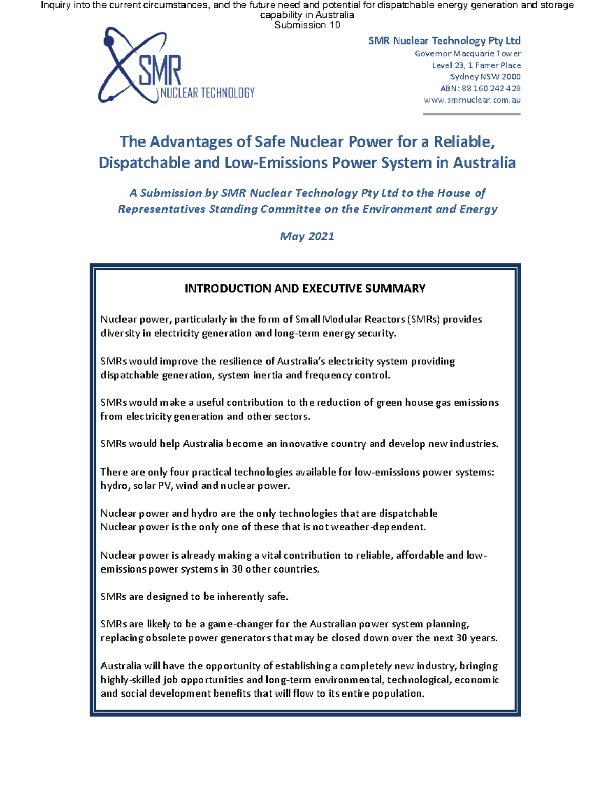 Sub010 - SMR Nuclear Technology Pty Ltd Governor Macquarie Tower Level ...