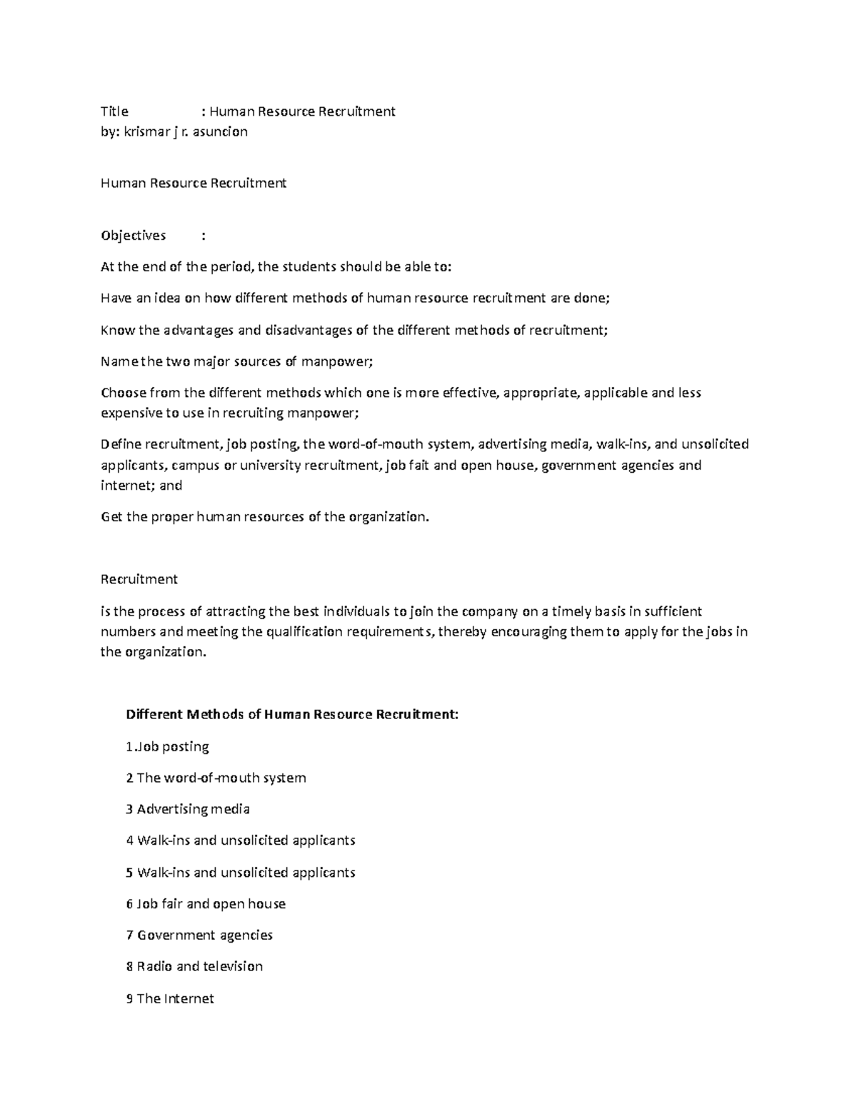 3-HRM - Notes - Title : Human Resource Recruitment by: krismar j r ...