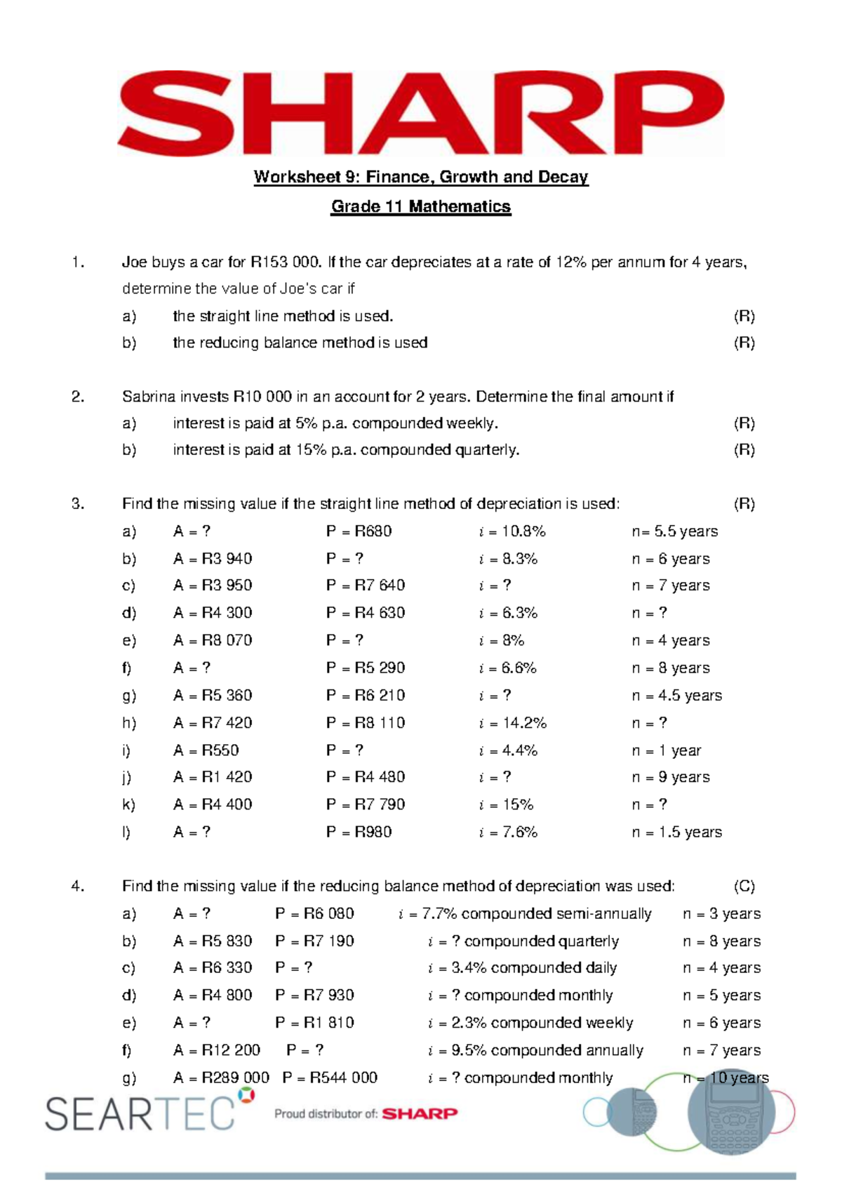 Worksheet 9 finance Growth and Decay grade 11 Mathematics - Worksheet 9 ...