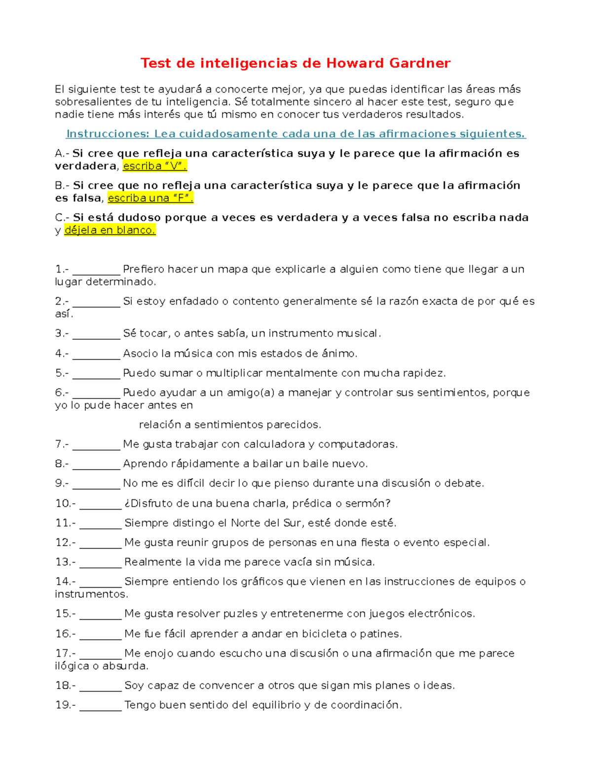 Test de inteligencias de Howard Gardner - Sé totalmente sincero al ...