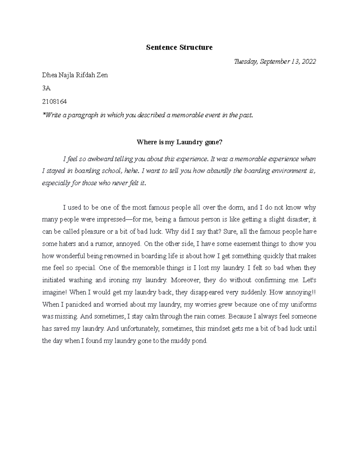 Homework 1 Dhea Najla Rifdah Zen 3A SS - Sentence Structure Tuesday ...
