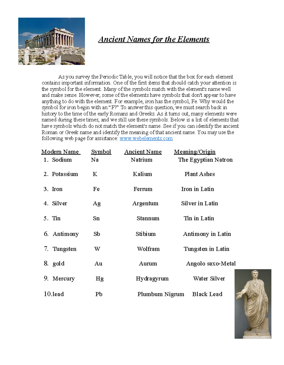 Ancient Names Worksheet - Ancient Names for the Elements As you survey ...