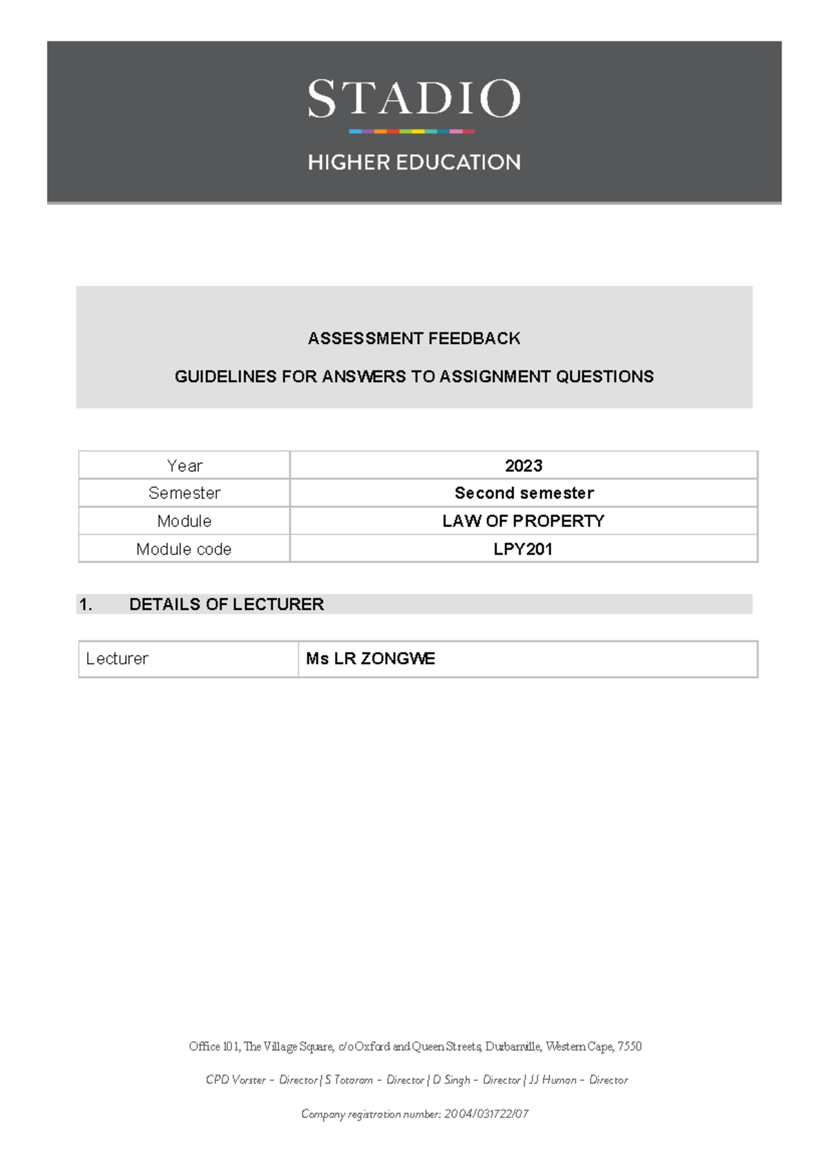 LPY201 2023 02 AF - 2023 sEMESTER 2 Assignment feedback - Office 101, The Village Square, c/o ...