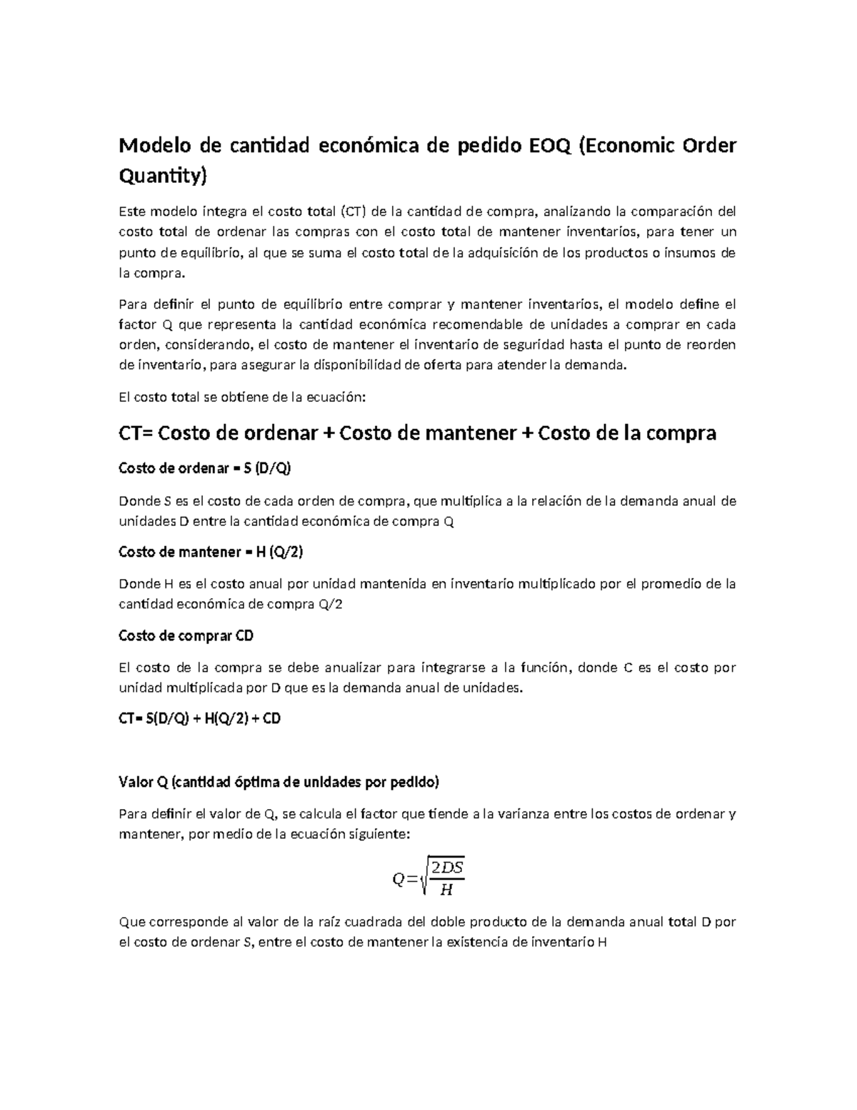 MODELO EOQ APUNTES - Modelo de cantidad económica de pedido EOQ ...